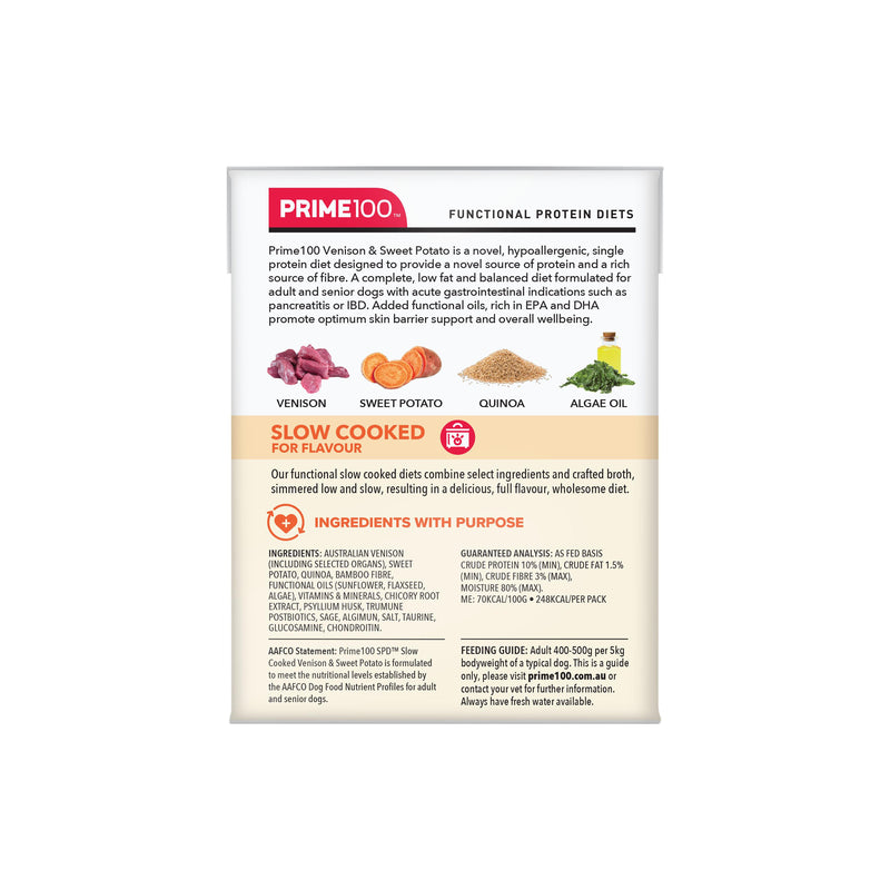 Prime 100 Slow Cooked SPD Venision and Sweet Potato Dog Food 354g ...